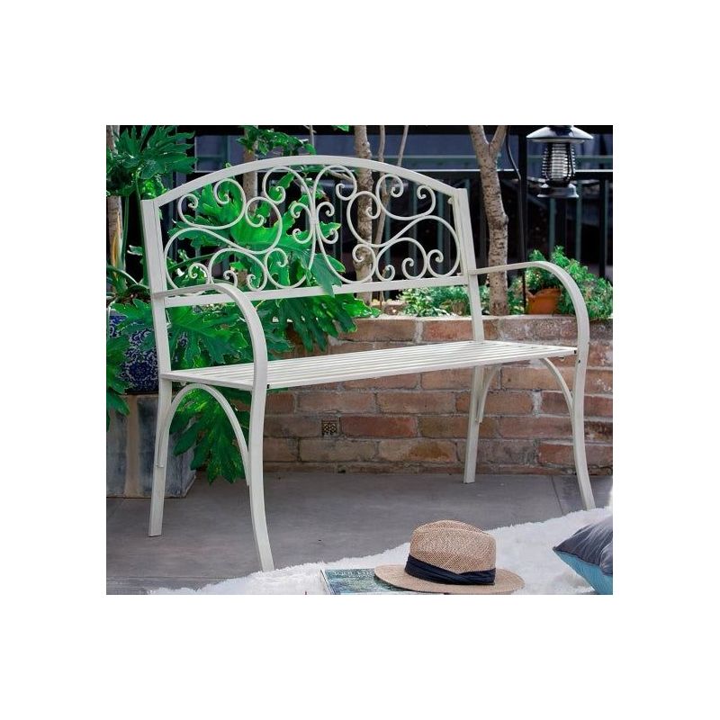 Banc d'extérieur en fer forgé blanc avec accoudoirs Blanc